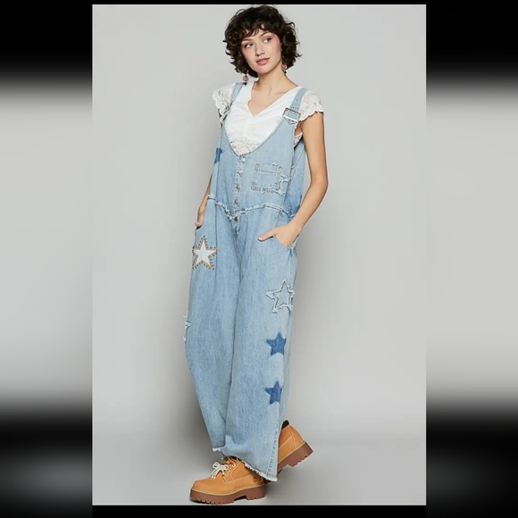 POL | Jeans | 35 Pol Oversized Star Patches Denim Overalls | Poshmark